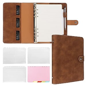 FYY Leather A5 Binder 6 Ring Binder Notebook - PU Leather Refillable Notebook with Binder Pockets, Dividers, Refill Paper, Brown Journal Notebook