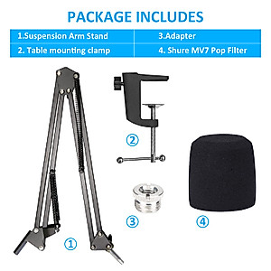 SUNMON Shure MV7 Boom Arm Mic Stand with Pop Filter, Adjustable Suspension Boom Scissor Arm Stand with Pop Filter Compatible with Shure MV7, Shure MV7X adn SM7B Microphone by SUNMON