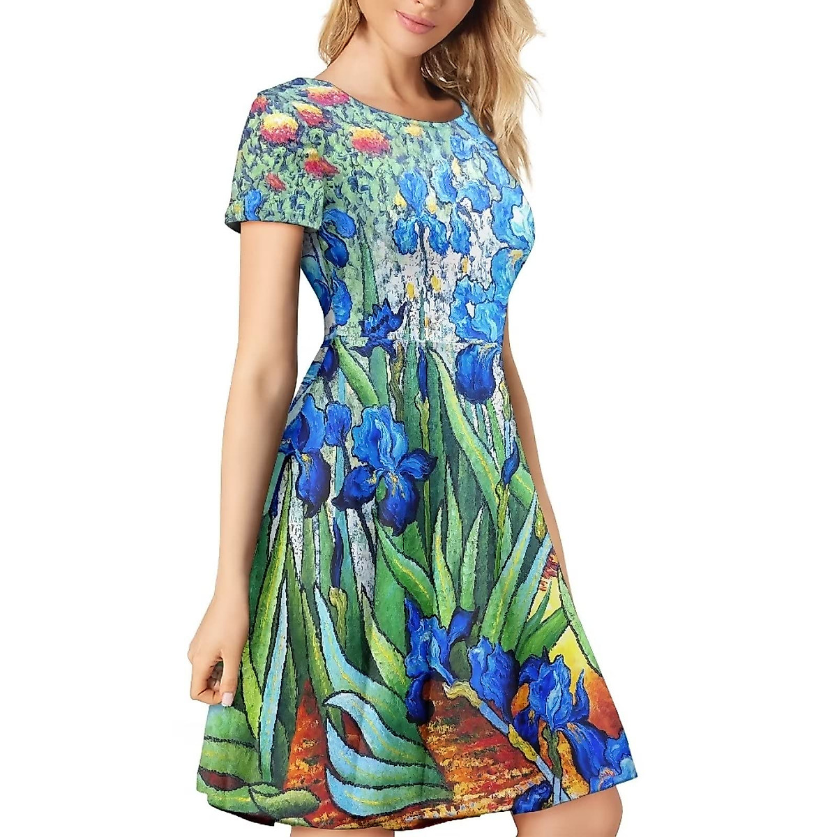 POLERO Van Gogh Irises Dress for Women Oil Painting Print Dress for Casual Summer Short Sleeved Dresses Size XL