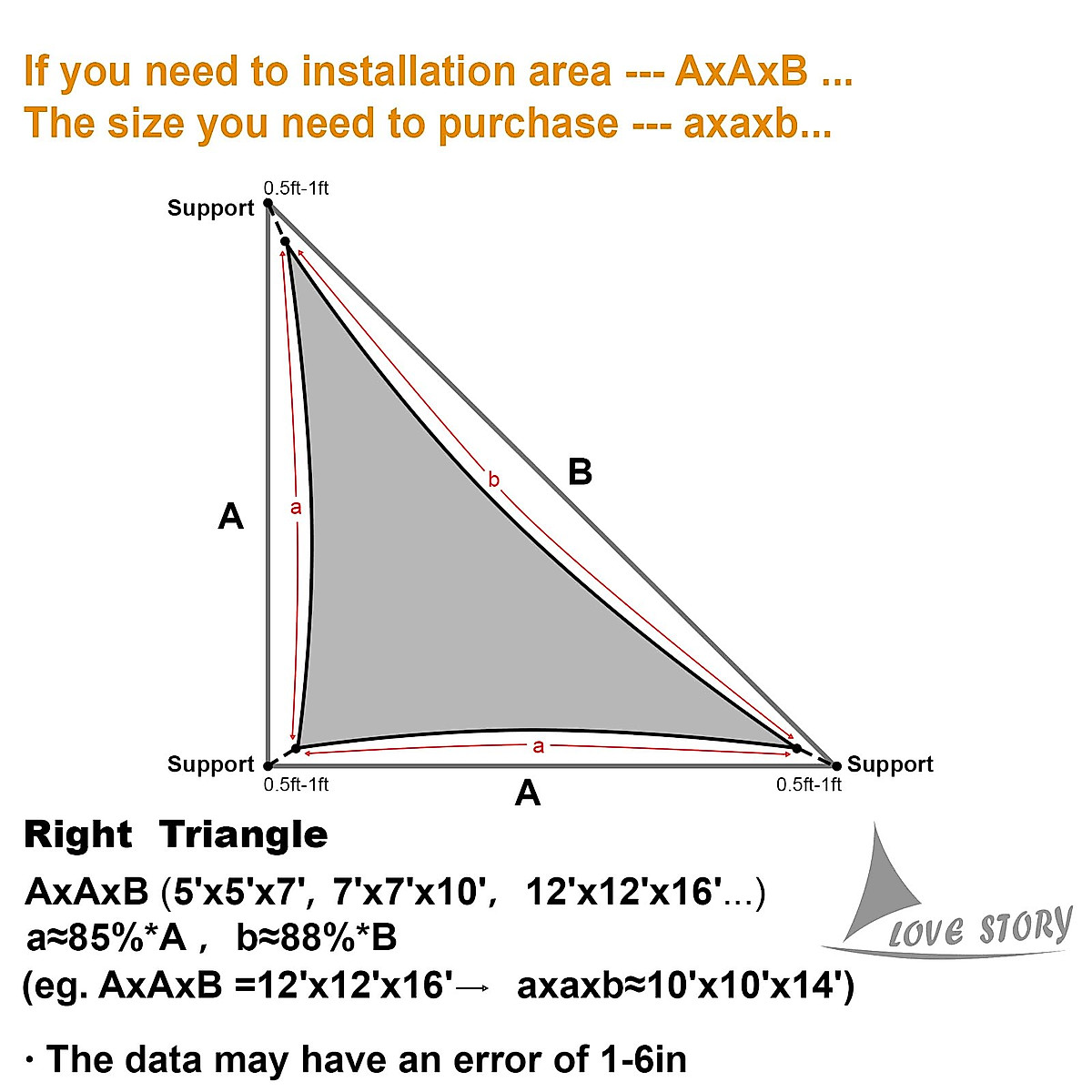 LOVE STORY 10' x 10'x 14' Right Triangle Sand Sun Shade Sail Canopy UV Block Cover for Outdoor Patio Garden Backyard