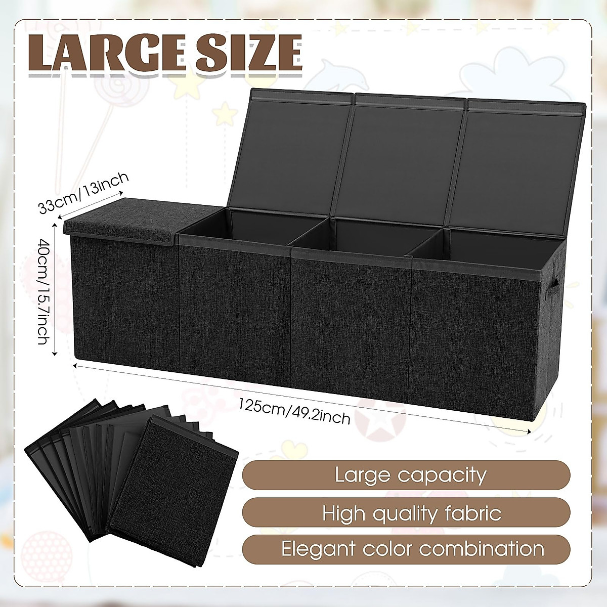 Patelai Extra Large Toy Box Chest 3/4 Dividers Collapsible Sturdy Storage Bins with Lid and Handles Storage Organizer for Living Room Playroom Bedroom Nursery(Black,49.2 x 13 x 15.7'')