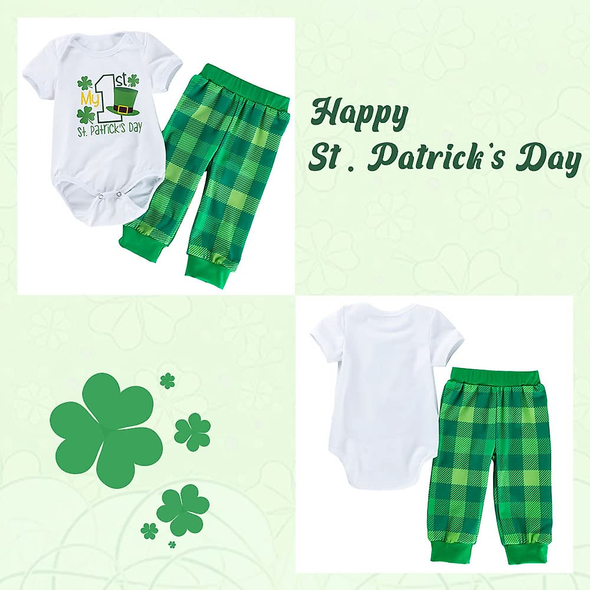 XIFAMNIY Baby Boys Newborn My first St. Patrick's Day Green 2PCs Bodysuit Romper Pant Outfit Set