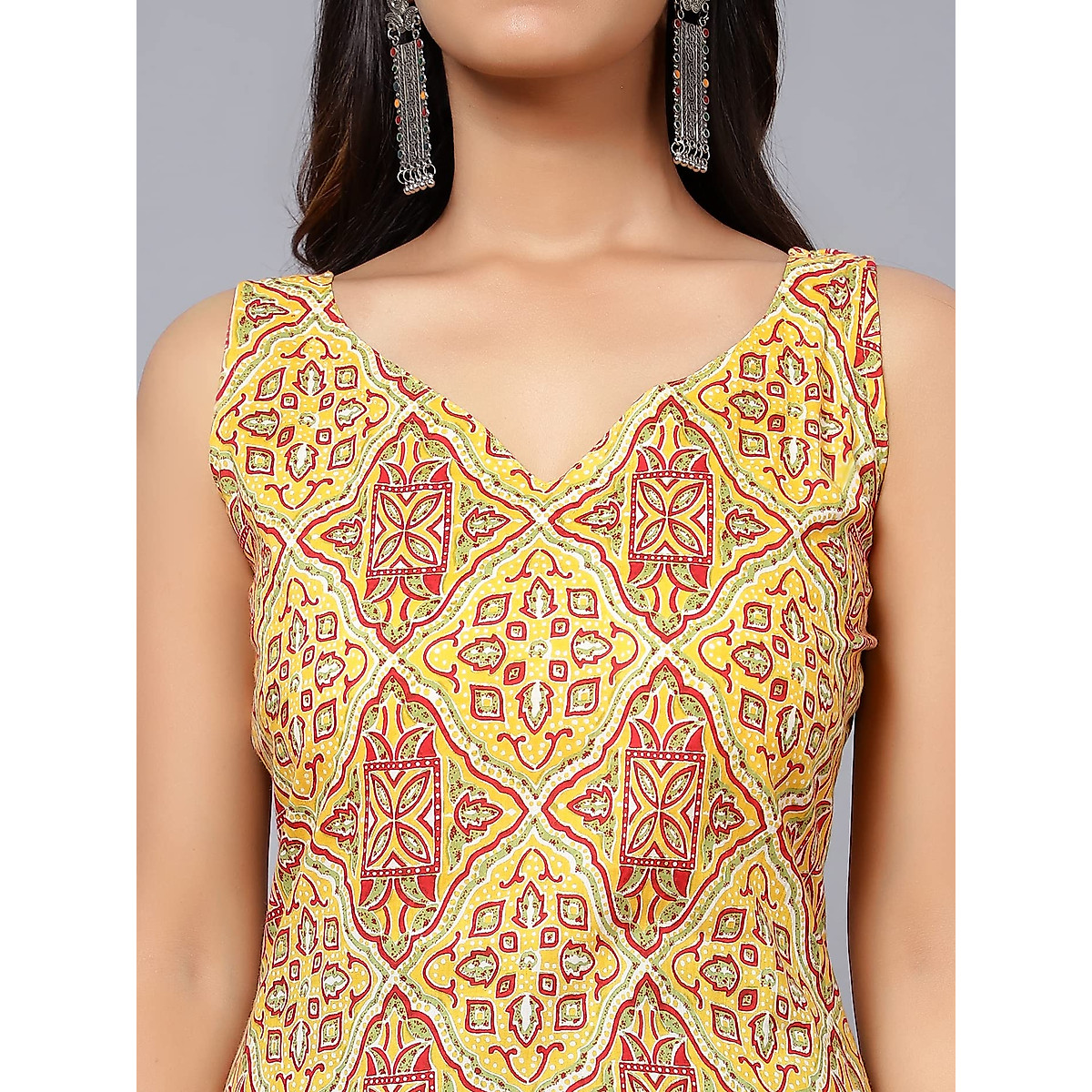 Bani Women Printed Sleeveless Kurta with Adjustable Shoulder Strap Ethnic Indian Ready to Wear Kurti for Girls Yellow