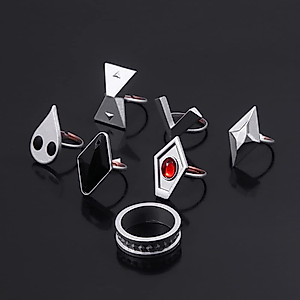 PPONE 7PCS Hu Tao Ring Set with Hu Tao Keychain,Genshin Impact Hutao Rings Cosplay Costume Alloy Finger Props for Fans, Silver, Different sizes
