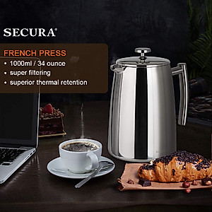 Secura French Press Coffee Maker, 34-Ounce, 304 Stainless Steel Insulated Coffee Press with Extra ScreenSecura French Press Coffee Maker, 34-Ounce, 304 Stainless Steel Insulated Coffee Press with Extra Screen