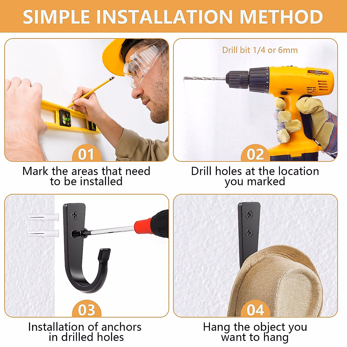 WODEGIFT 5Pcs Large Size Wall Hooks, Heavy Duty Wall Hooks for Hanging, Coat Hooks for Hanging, Large Size Wall Hooks, for Hanging Heavy Duty Pans, Backpacks, Coats and Garage Items (Black Hooks)