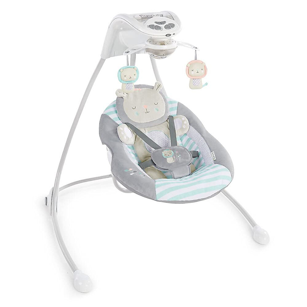 Ingenuity InLighten 6-Speed Foldable Baby Swing with Light Up Mobile, Swivel Infant Seat and Nature Sounds, 0-9 Months 6-20 lbs (Blue Landry the Lion)