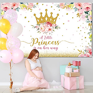 Baby Shower Backdrop Little Princess Baby Shower Party Decorations for Girls Pink Flower Baby Shower Banner Gold Crown Glitter Baby Shower Photography Background Cake Table Decor Photo Booth Props