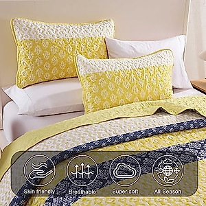 Boho Quilt Set Queen Size Yellow Bohemian Quilt Bedding Set Striped Lightweight Summer Bedspread Coverlet Bedding Set 96"x90" (3 Pieces)