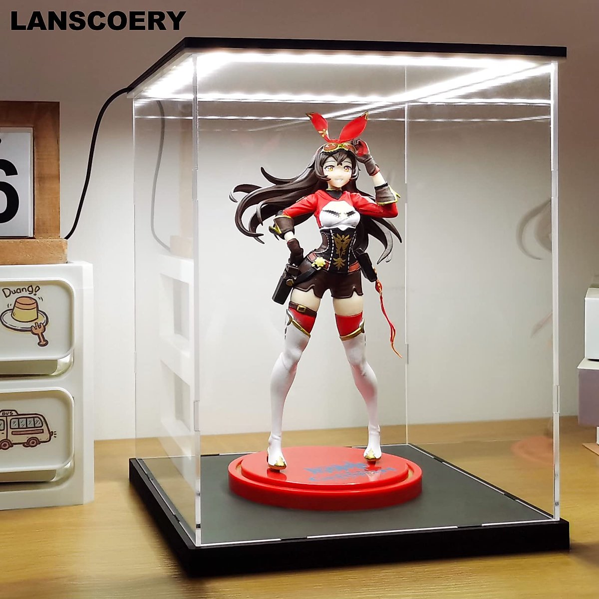 LANSCOERY Clear Acrylic Display Case with LED Light, Showcase and Display Box, Dustproof with UV Protection, Perfect for Figures Collectibles - 7.1x5.5x7.9inch
