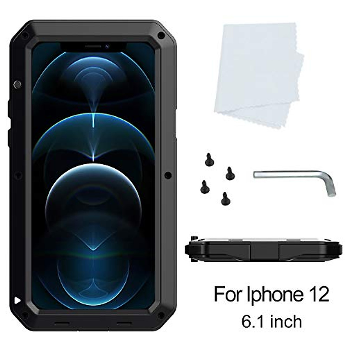 Marrkey iPhone 12 Case, 360 Full Body Protective Cover Heavy Duty Shockproof [Tough Armour] Aluminum Alloy Metal Case with Silicone Built-in Screen Protector for Apple iPhone 12 Pro 6.1 Inch - Black