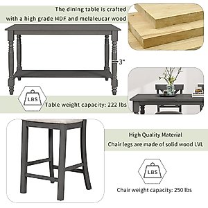 LUMISOL Wood Kitchen Dining Table Set of 6 with Bench and Chairs Farmhouse Rustic Dining Room Table Set, Recantgle Table with Shelf and Upholstered Seating, Gray