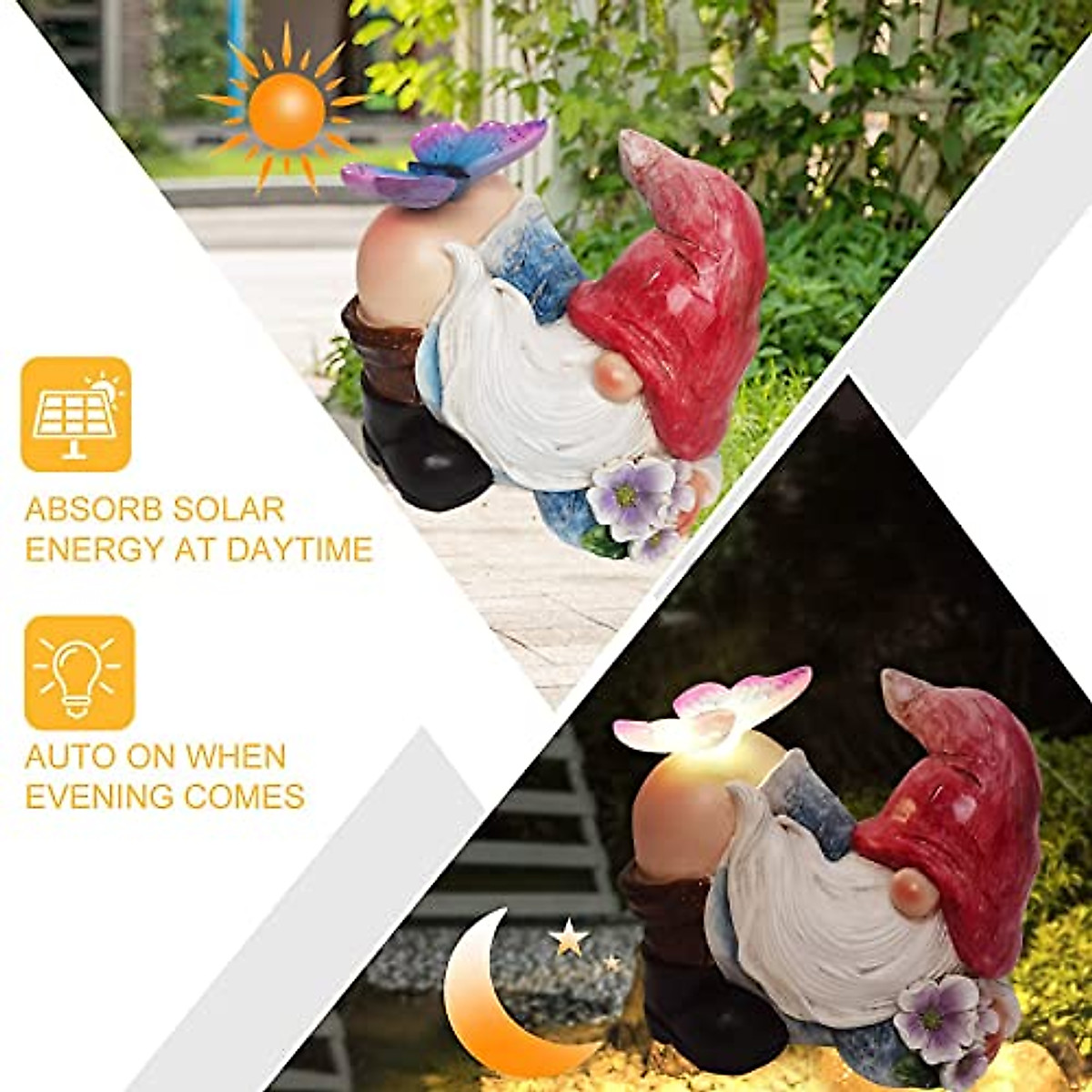 TSTGEE Garden Gnome Statues - Funny Outdoor Gnome Figurine with Butterfly Solar Garden Lights Outdoor Led Gnome Decor Waterproof for Outside,Yard Art,Garden Gift