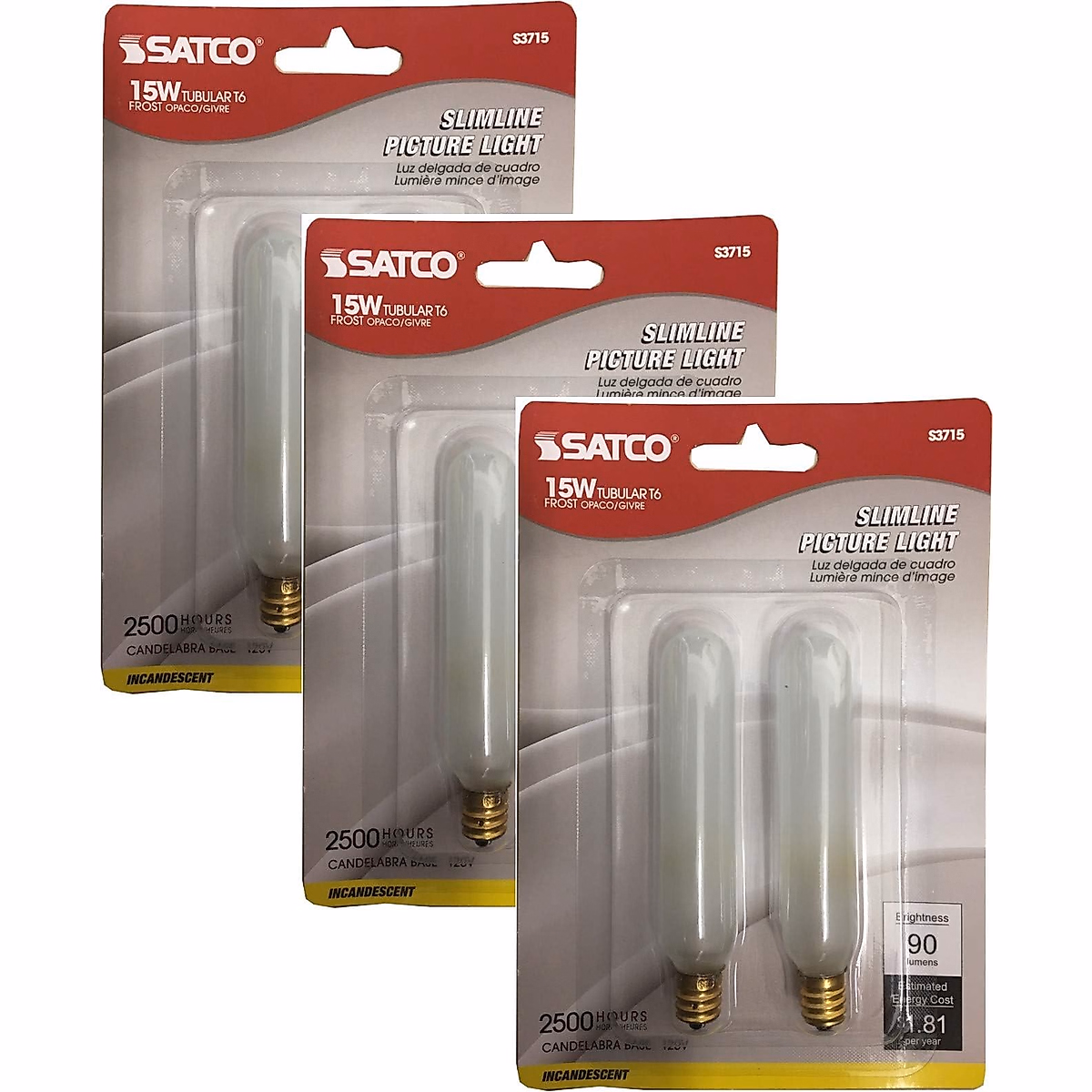 Satco S3715 Set of 3 Blister Packs Each with Two T6 Candelabra Tubular 15 Watt 120V Incandescent Dimmable Frosted Bulbs; Total of 6 Bulbs; C-5A Filament; E12 ANSI Base; 2700K Warm White