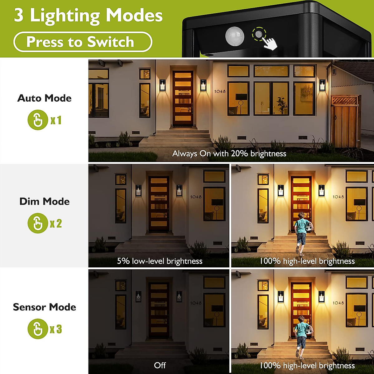 Solar Wall Light Outdoor, Motion Sensor Porch Light Fixture, Wireless Dusk to Dawn Exterior Wall Lantern with 3 Modes and LED Bulb, Waterproof Black Outside Wall Sconce for Front Door Patio Doorway