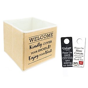 Premium Linen Look Foldable Shoe Cover Bin - Indoor Real Estate Bootie Box Perfect Supply for an Open House (11x11 Shoe Cover Bin, Linen)