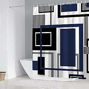 RENKTE 4 Pcs Blue and White Geometric Shower Curtain Sets with Rugs, Abstract Geometric Bathroom Decor Set with Non-Slip Rugs Toilet Lid Cover and Bath Mat, Waterproof Shower Curtains with 12 Hooks