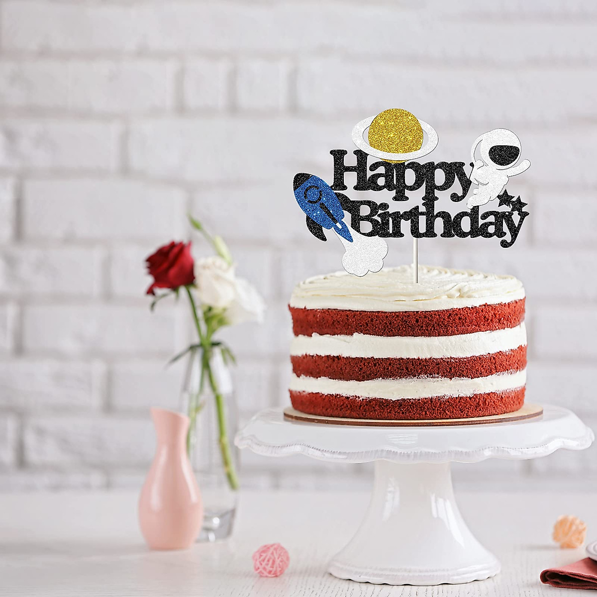 Ambishi Happy Birthday Cake Topper - Space Themed Birthday Party Decoration Supplies - Astronaut, Rocket, Planet Sign Cake Decor for Kids Boys Girls Birthday Party