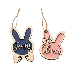 Personalized Rabbit Bunny Wooden Basket Tag Ornament with Name Easter Gift for Kids