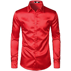 ZEROYAA Men's Luxury Shiny Silk Like Satin Button Up Dress Shirts ZLCL14-Red Medium
