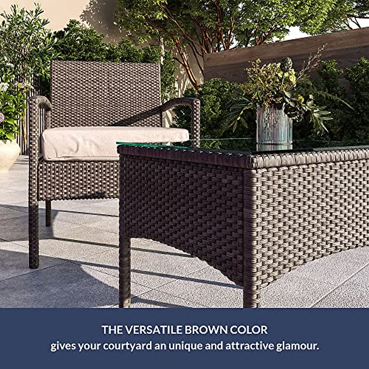 BELLEZE 3 Piece Patio Set, Patio Furniture Set with Tempered Coffee Table and Wicker Chairs, Balcony Furniture Outdoor Patio Set with Removable Cushions for Garden Balcony Backyard Poolside - Brown