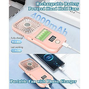 Handheld Fan Rechargeable,Portable Fan Battery Operated Fan with LED Display,Mini Small Hand Fan Foldable Fan with Power Bank, 4000mAh Travel Fan Personal Fans,Makeup Lash Fan for Girls Women Kids