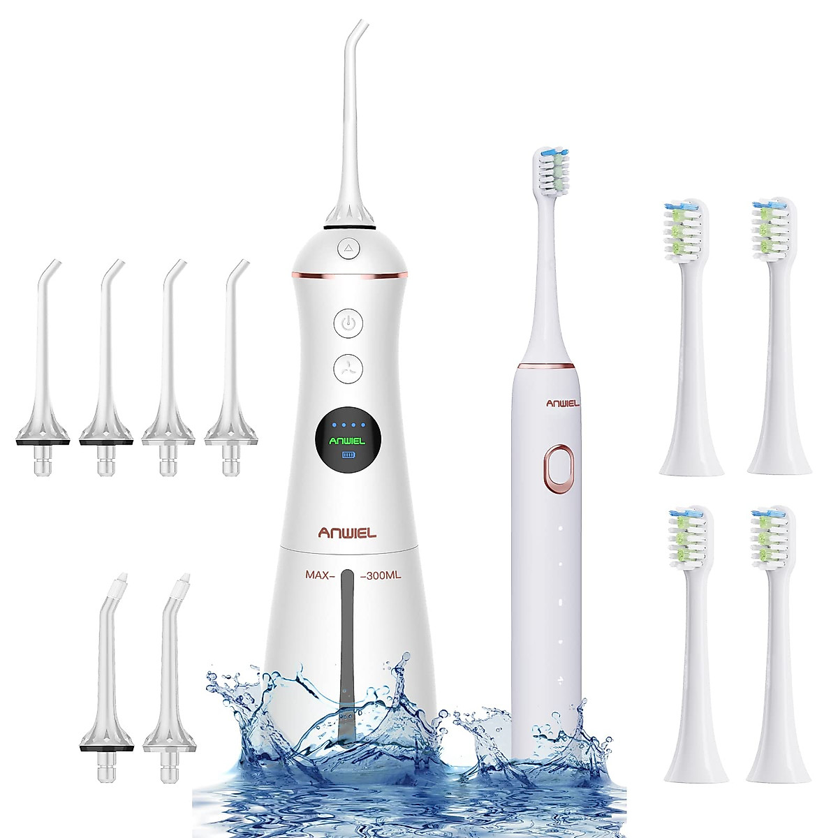 Water Flosser and Ultrasonic Electric Toothbrush Combo + 4 Pack Replacement Toothbrush Heads Compatible with ANWIEL