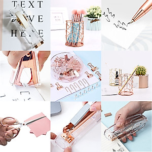 Famassi Rose Gold Desk Accessories，Office Supplies Set Acrylic Stapler Set Staple Remover, Tape Holder, Pen Holder, 2 Ballpoint Pen, Scissor, Binder Clips, Paper Clips and 1000pcs Staples.