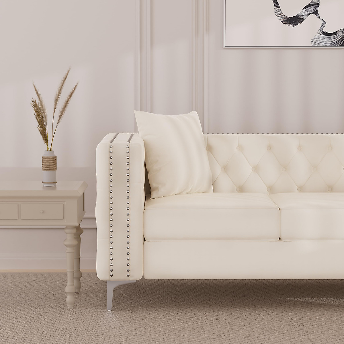 Morden Fort Loveseat Sofa, 61“Beige Mid-Century Couch with Button Tufted and Nailhead Trim and Iron Legs for Living Room, Apartroom, Bedroom, Office