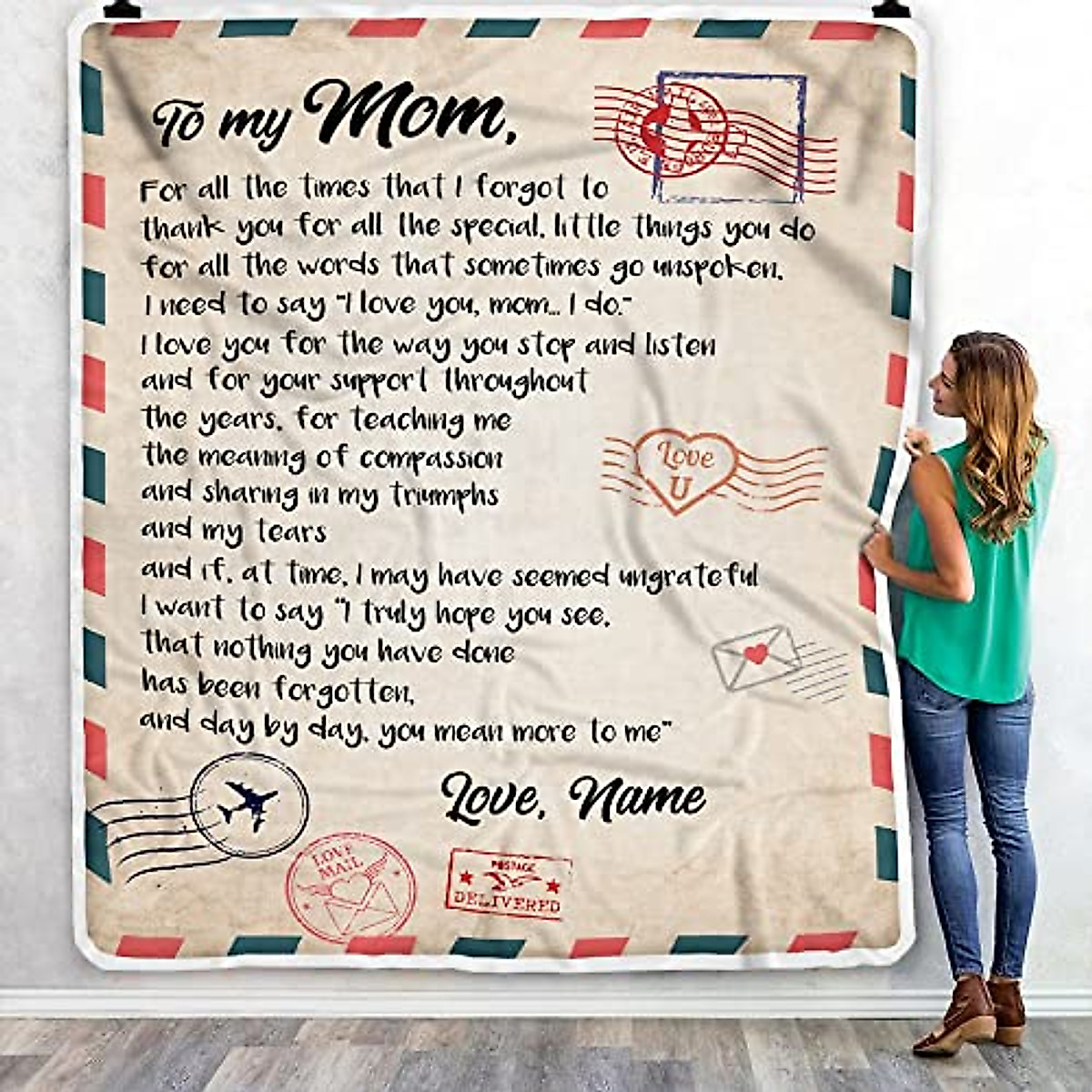 Personalized to My Mom Blanket from Daughter Son Love Letter Mail to Mom Birthday Mothers Day Christmas Customized Fleece Sherpa Blanket