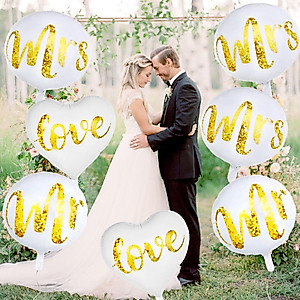 Totelux Wedding White Balloons Kit Glitter Mr Mrs Love Foil Balloons Round Heart Aluminum Balloons Set for Birthday Engagement Bridal Shower Party Decorations Supplies (9Pcs)