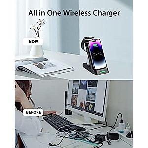 Charging Station for Multiple Devices Apple, 3 in 1 Fast Wireless Charger Dock Stand for iPhone 14 Pro Max/13/12/11/X/8 Plus, Apple Watch Series Ultra/8/7/6/SE/5/4/3/2 and Airpods with Adapter