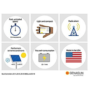 Genasun GV-5-Pb-12V, 5 A MPPT Solar Charge Controller for 12 V Lead-Acid Batteries and 5 A Load Output with Low Voltage Disconnect (LVD)