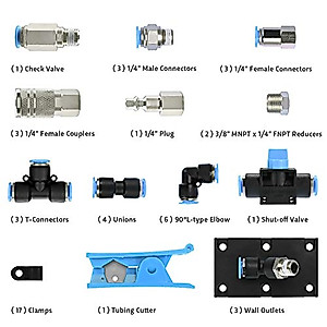 WYNNsky Shop Air Line Kit, 3/8 Inch (9.5MM) OD × 60 Feet Nylon Compressed Air Pipe, 200PSI, Cutter, Tees, Mounting clips, Connectors, 49PCS Garage Air Compressor Accessories Master Kit
