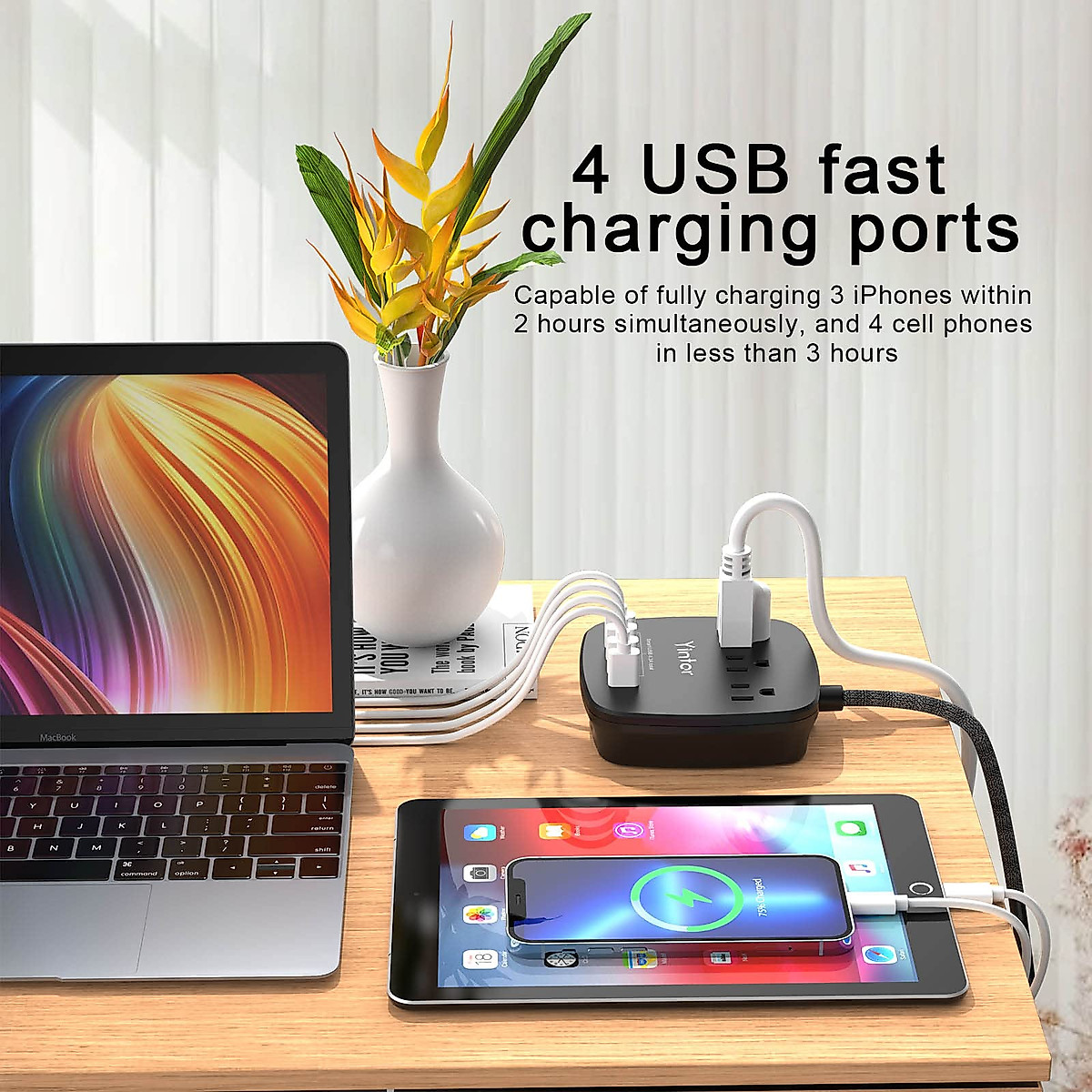 Power Strip with Phone Shelf, Yintar 6 Feet Long Braided Flat Plug Extension Cord with 3 Outlet and 4 USB Ports, Compact Size Charging Station for Home, Office, Dorm Essentials, Black