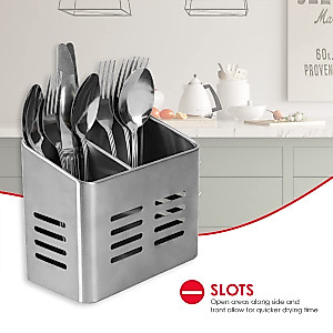 Home Basics Dual Compartment Stainless Steel Draining Cutlery/Utensil Holder Organizer, Free Standing, Kitchen Countertop, Silver (1)