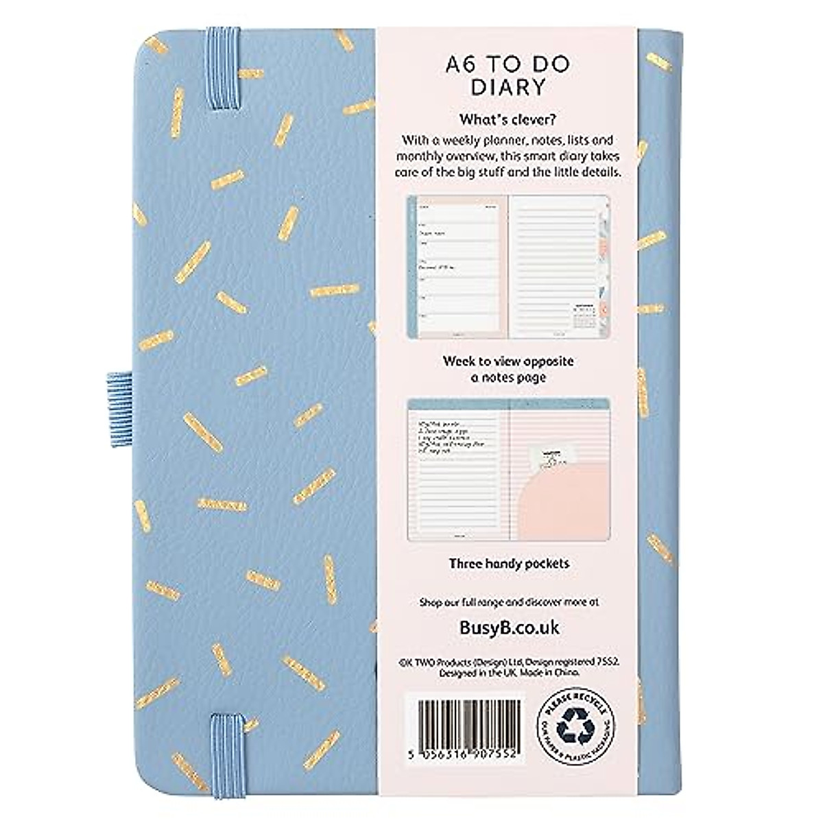 Busy B A6 To Do Diary January to December 2024 - Blue Sprinkle - Faux Leather Week to View Diary with Notes, Tear-Out Lists & Pockets