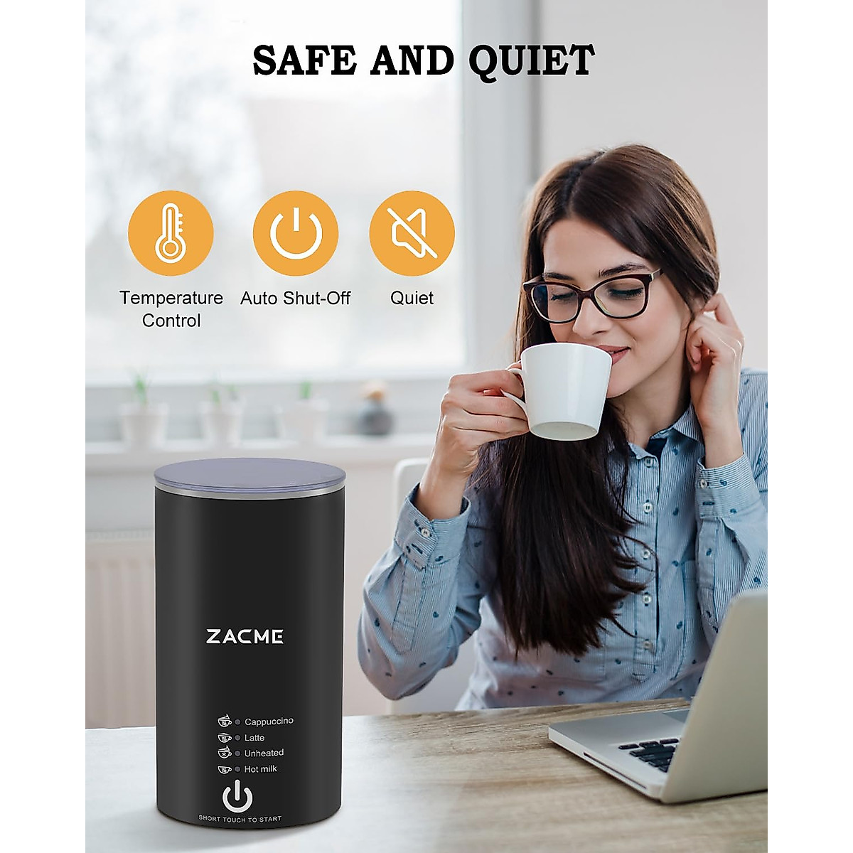 ZACME Milk Frother, 4 in 1 Electric Milk Steamer, Automatic Hot and Cold Foam Maker and Milk Warmer for Coffee, Latte, Cappuccino, Macchiato, Hot Chocolate Black