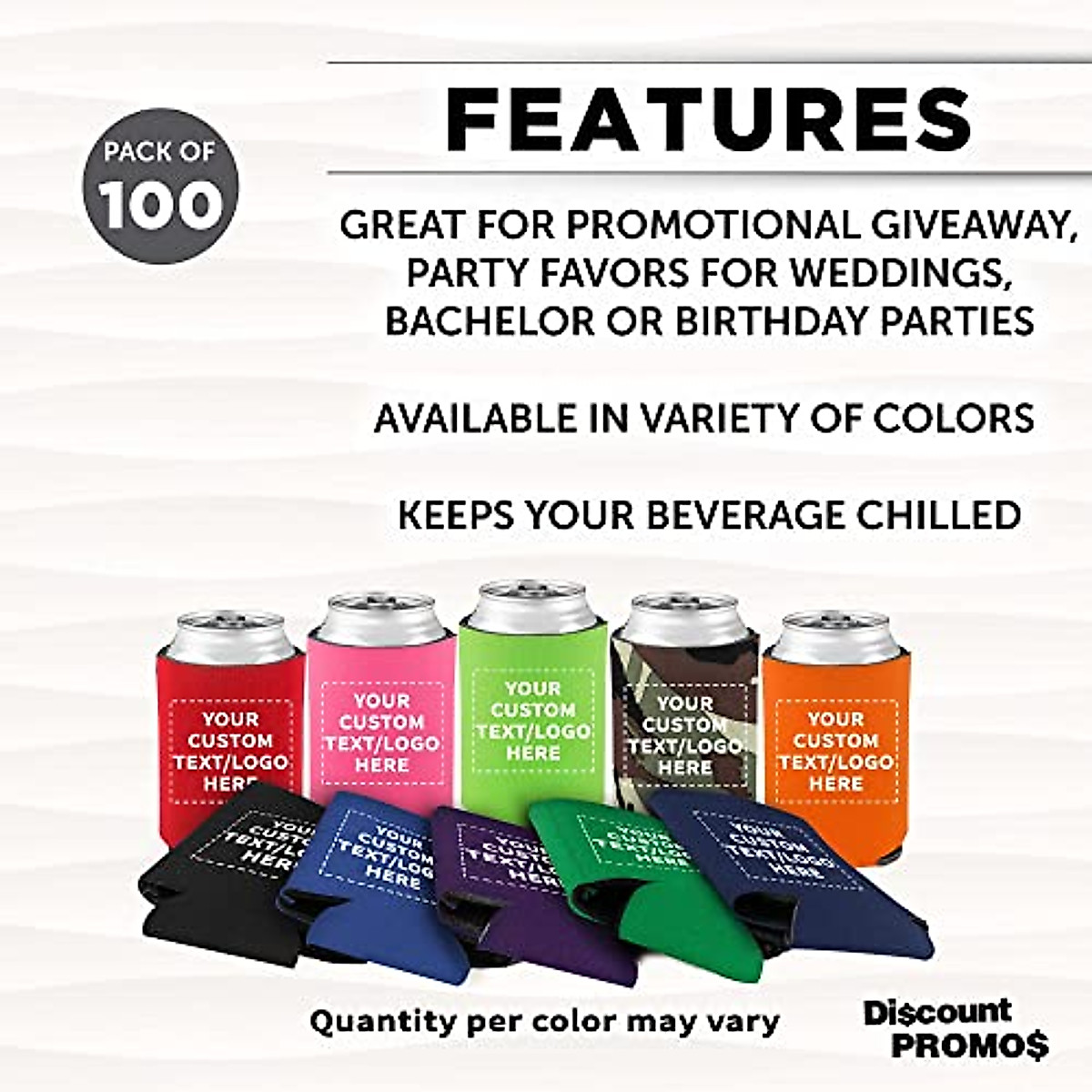 Custom Assorted Collapsible Can Coolers Set of 100, Personalized Bulk Pack - Keeps Your Drink Cold, Great for Beer, Soda and Other Beverages - Assorted