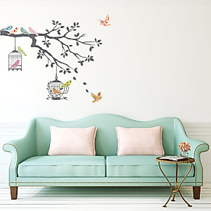 DECOWALL DW-1510 Birds on Tree Branch with Bird Cages Kids Wall Stickers Wall Decals Peel and Stick Removable Wall Stickers for Kids Nursery Bedroom Living Room (Grey) d?cor