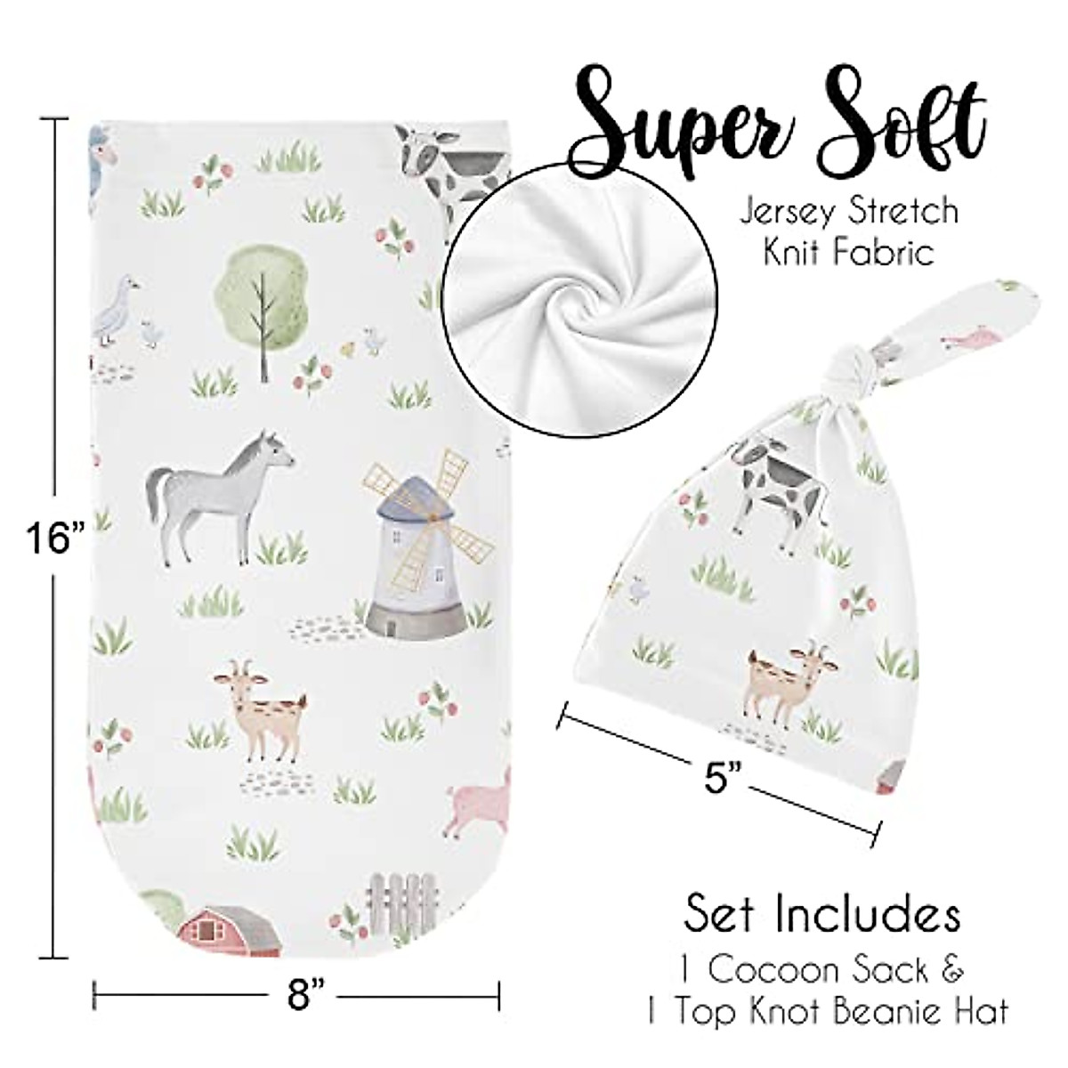 Sweet Jojo Designs Farm Animals Boy Girl Cocoon and Beanie Hat Set Jersey Stretch Knit Sleeping Bag for Infant Newborn Nursery Sleep Wrap Sack - Watercolor Farmhouse Horse Cow Sheep Pig Gender Neutral