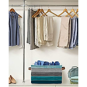Teal Wood Board Grey Gradient Stripes Storage Bins with Handles, Barn Gray Blue Green Ombre Storage Basket for Shelves, Cube Storage Organizer Bins for Toys, Closet (1 Pack, 15" x 11" x 9.5")