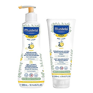 Mustela Baby Dry Skin Bath Time Gift Set - Baby Skin Care Essentials - with Natural Avocado & Cold Cream - 2 Items Set