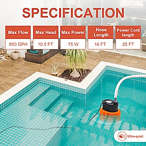 AgiiMan Pool Cover Pump Above Ground - Submersible Sump Pump, Water Removal with 16' Drainage Hose and 25 Feet Power Cord, 850 GPH, 3 Adapters, Orange