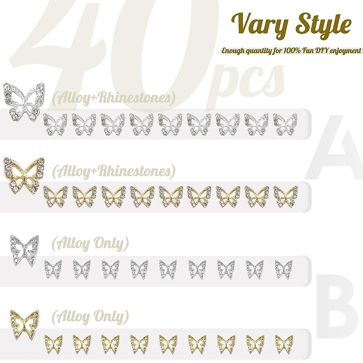 Butterfly Nail Charms, 60pcs 3D Golden Silver Butterfly Charms for Acrylic Nails, 20 Butterflies Nail Rhinestones Gems Charms +40 Alloy Studs, Nail Art Crystals Diamonds Decor Supplies for Nails DIY