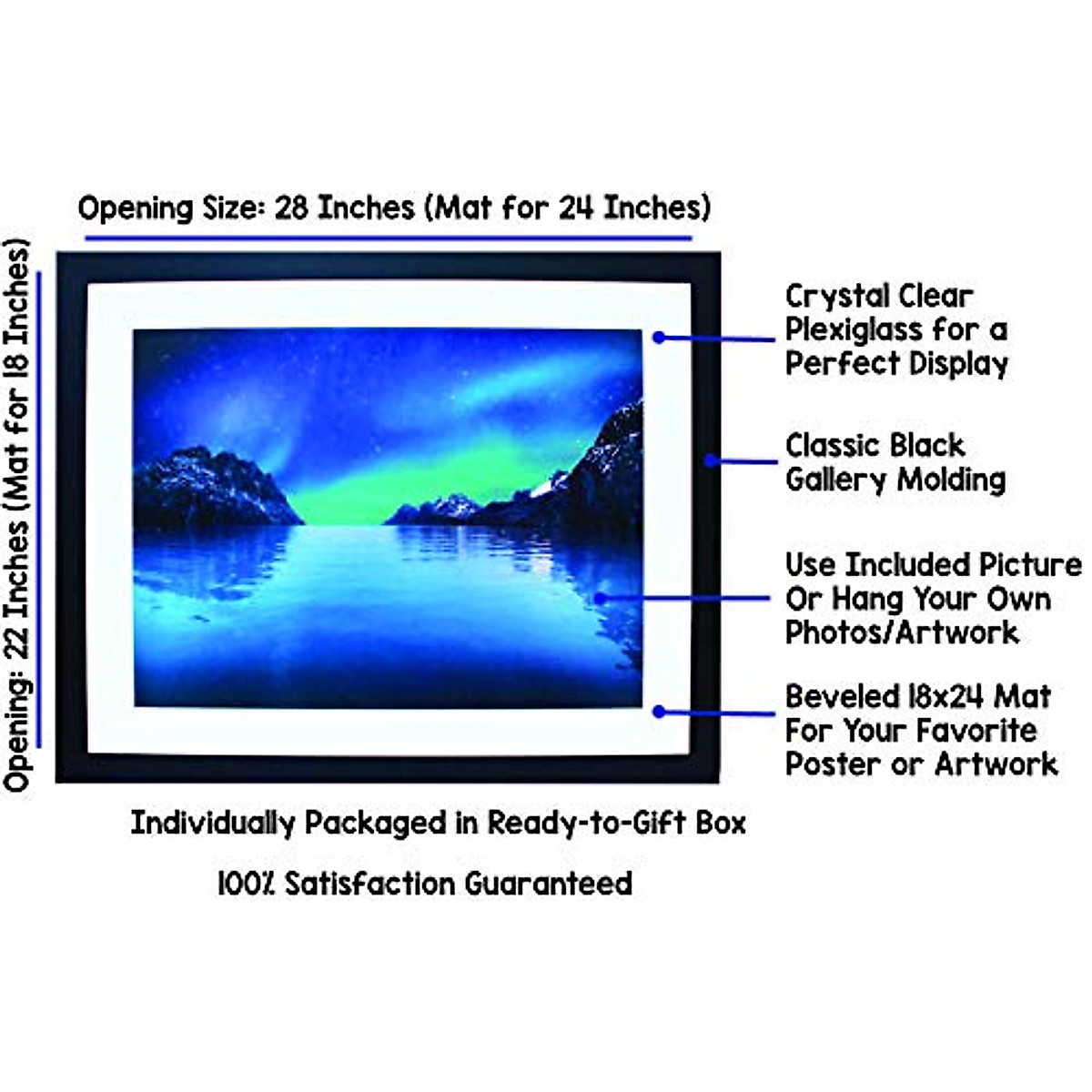 Black 22x28 Gallery Poster Frame with 18x24 Mat - Wide Molding - Includes Attached Vertical and Horizontal Hanging Hardware - Crystal Clear Plexiglass Front - Display 22 x 28 Inch Picture or Art