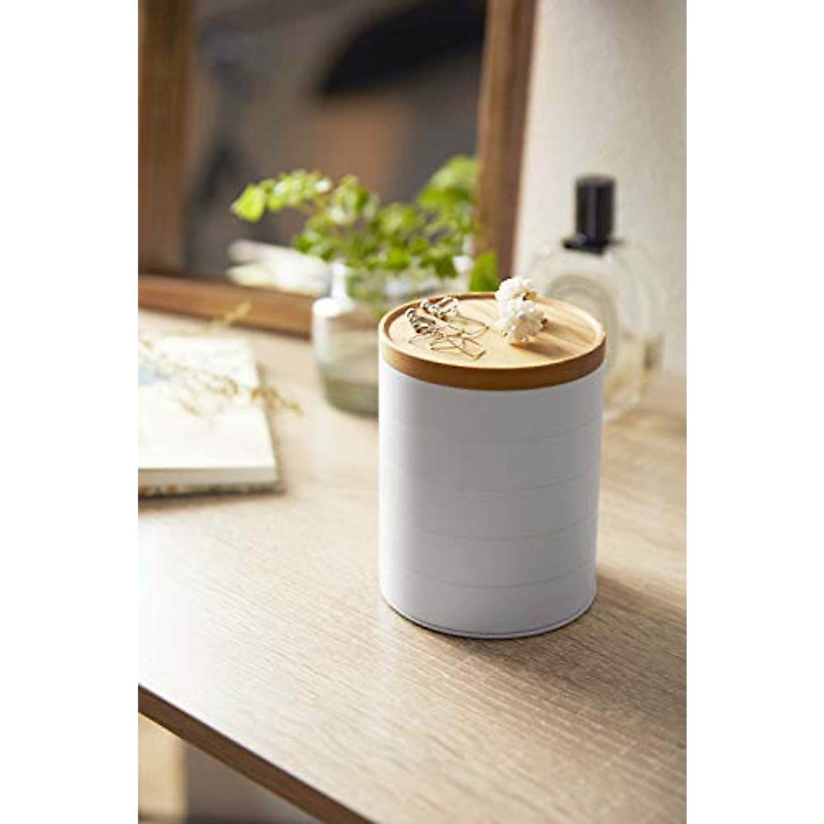 Yamazaki Box Home Stacked Accessory Trays with Wooden Lid | Plastic | Jewelry Organizer, One Size, White