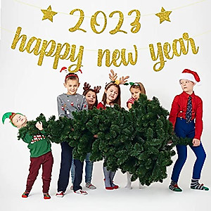 Hello 2023 Happy New Year Banner Gold Glitter Cheers to 2023 Sign, New Year Decoration for Outdoor&Indoor Photo Propsr