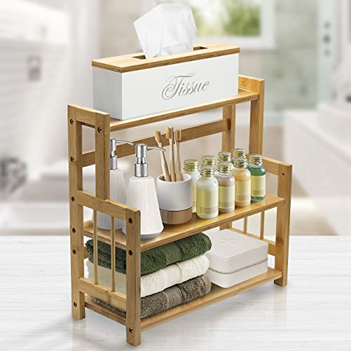 Sorbus Kitchen Countertop Organizer Bamboo Wooden Counter Storage Shelf Rack for Spice, Soap, Skin care, Makeup Display Stand, Bathroom Shelves, Vanity, Office (3-Tier)