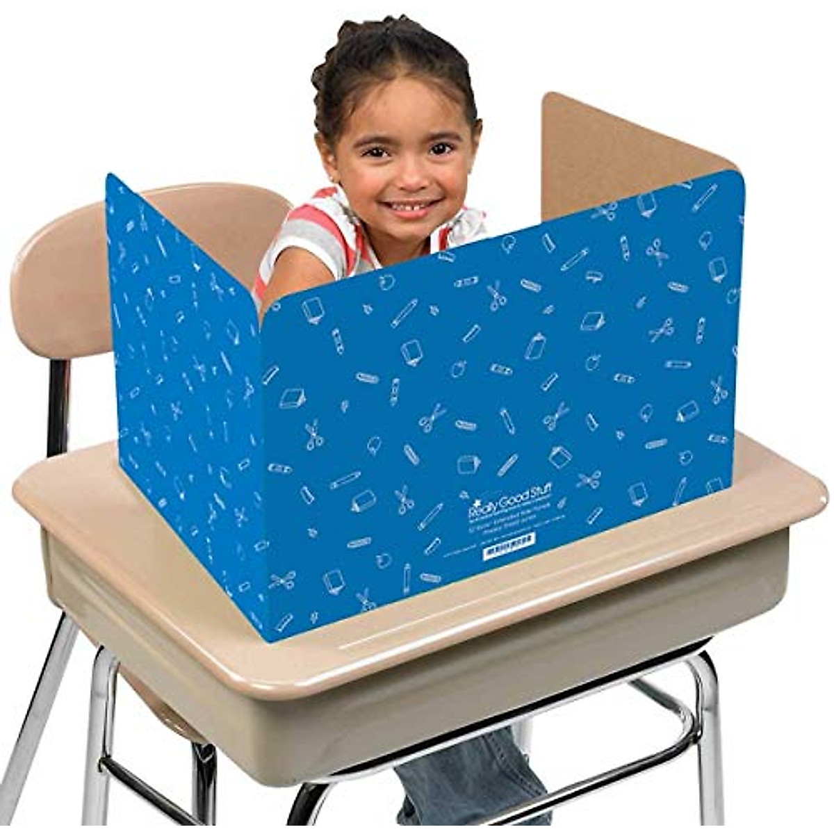 Standard Privacy Shields for Student Desks – Set of 12 - 3 Group Colors -Matte - Study Carrel Reduces Distractions - Keep Eyes From Wandering During Tests, Red, Blue & Green School Supplies Pattern